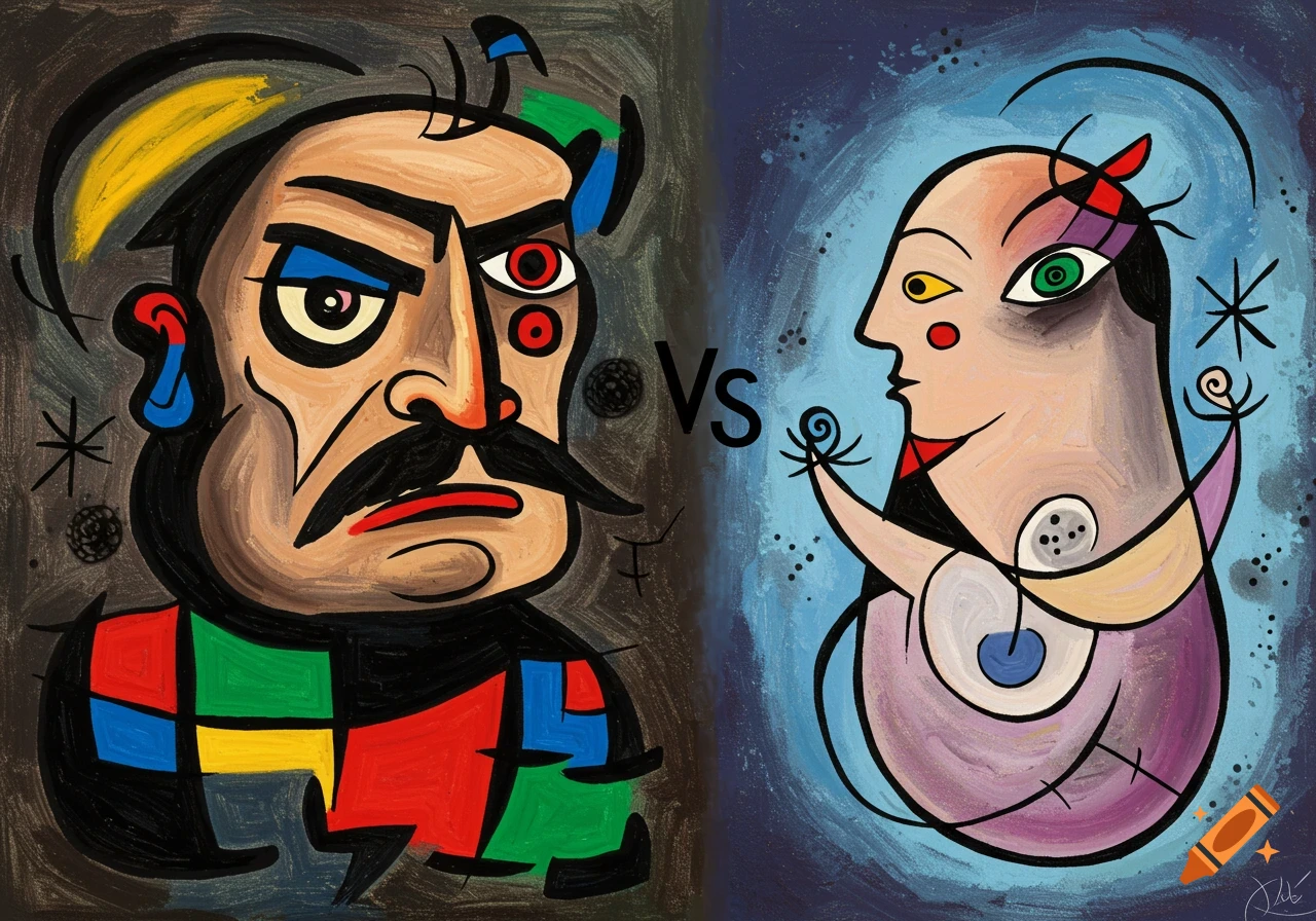 Abstract art comparison of two stylized faces with 'VS' between them in ...