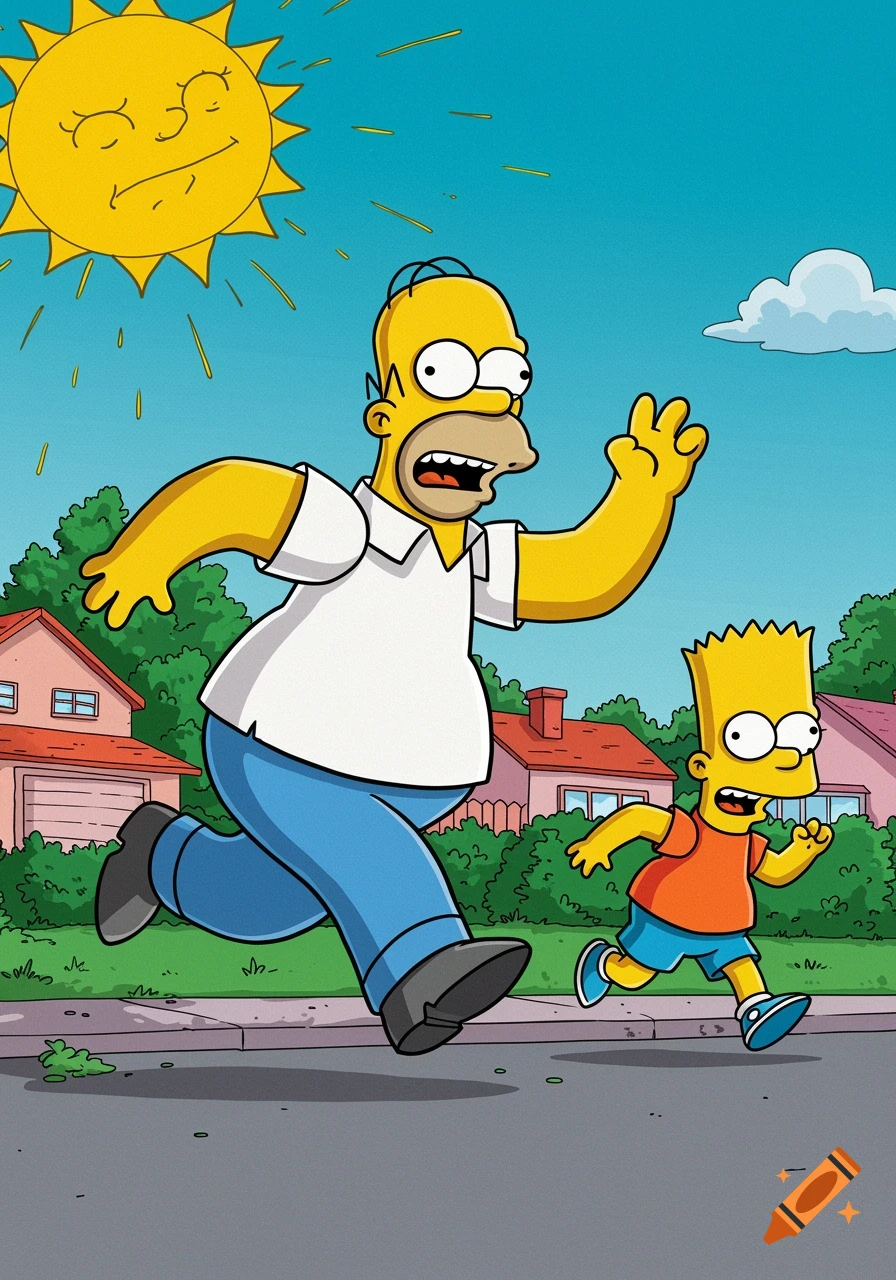 Homer and Bart Simpson run down a suburban sidewalk with the sun in the ...