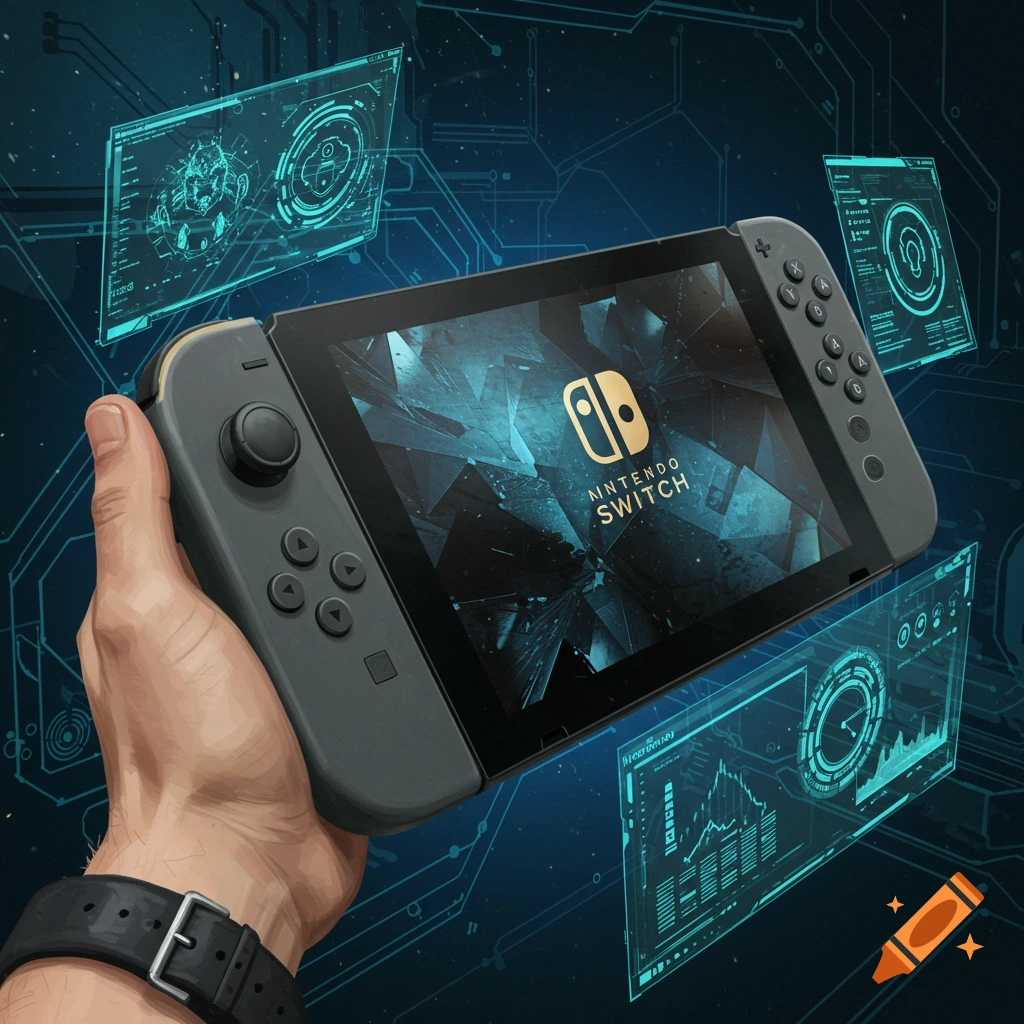 Hand holds a Nintendo Switch console in a futuristic tech setting with ...