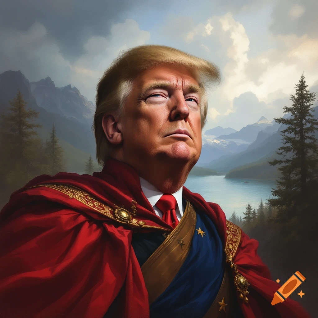 Portrait of Donald Trump in red and blue historical attire with a red ...