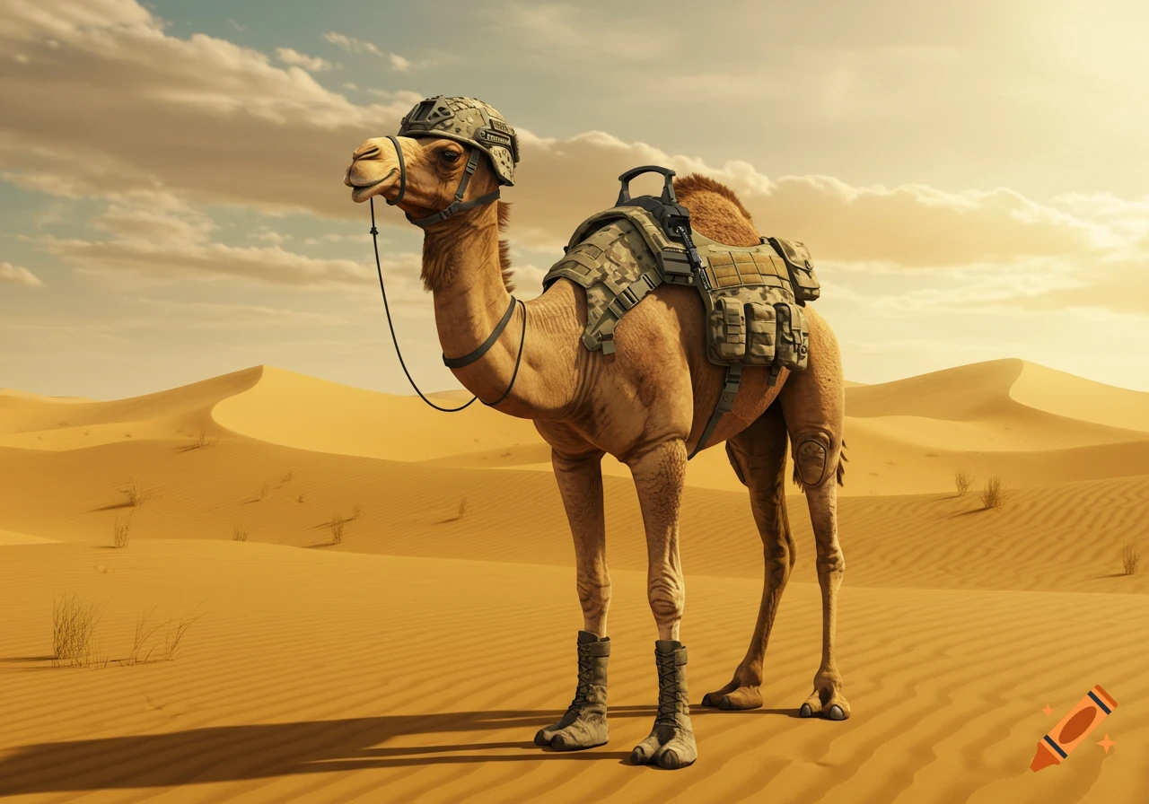 A camel wearing military gear and boots stands in a sandy desert ...