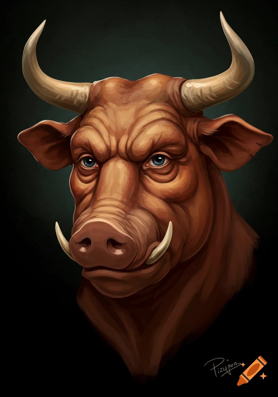 Digital painting of a creature with bull horns and a pig snout, with ...