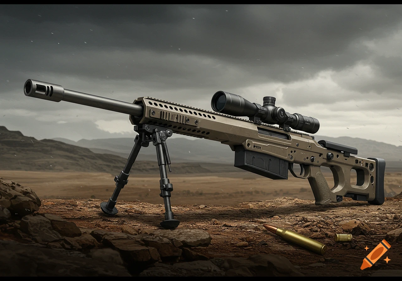 A large caliber sniper rifle with a scope and bipod rests on rocky ...