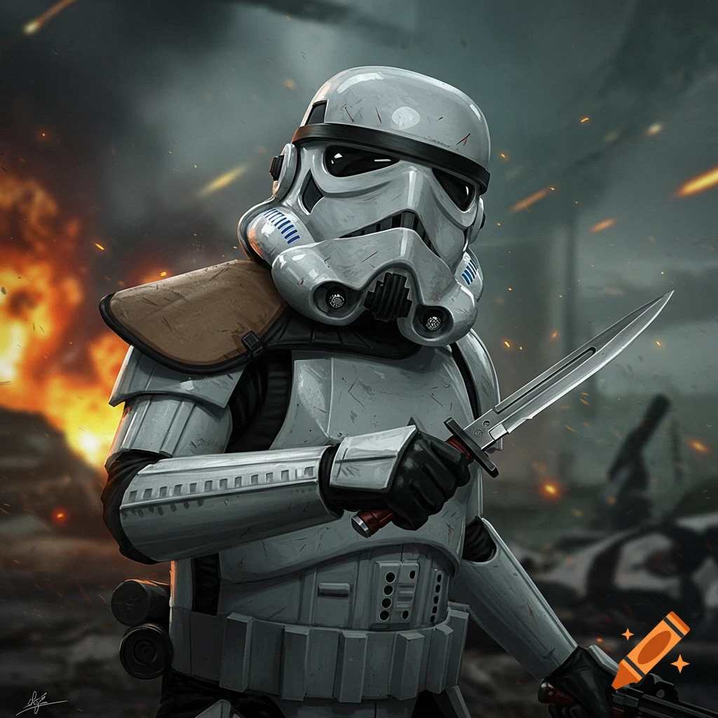 An Imperial storm-commando holds a large knife in a battle scene. on ...