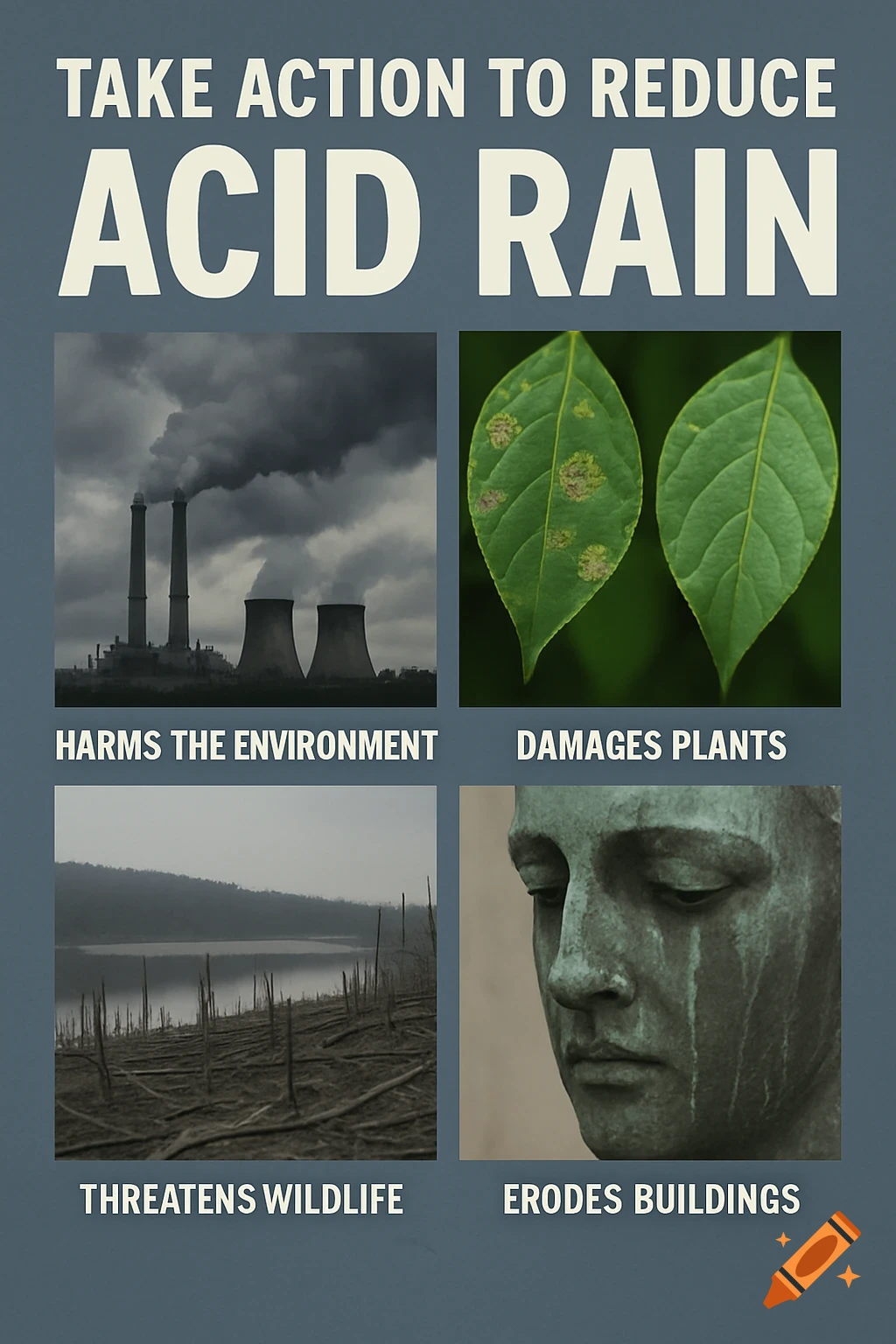 Poster about acid rain reduction with panels showing pollution, damaged ...