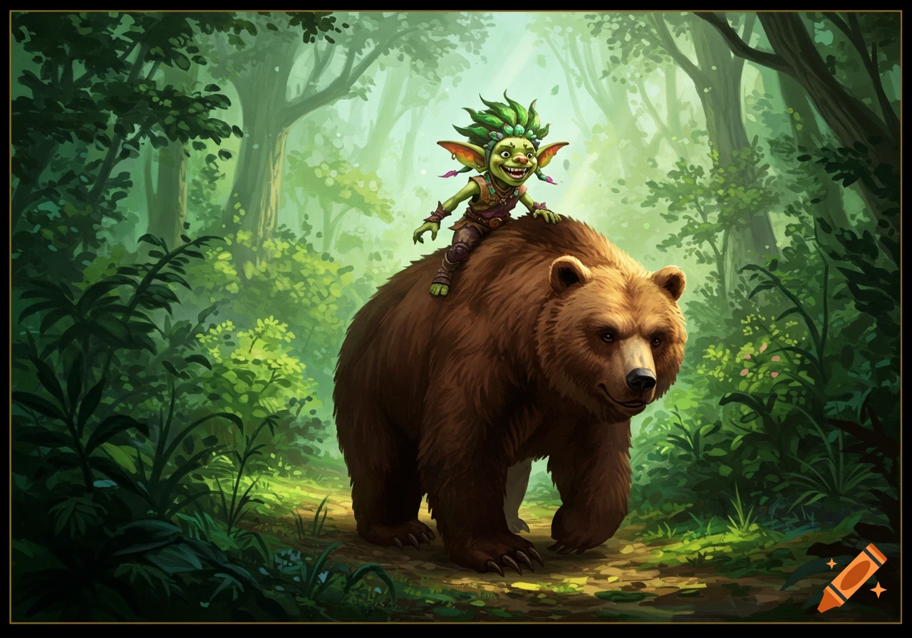 A smiling goblin rides on the back of a brown bear through a lush ...