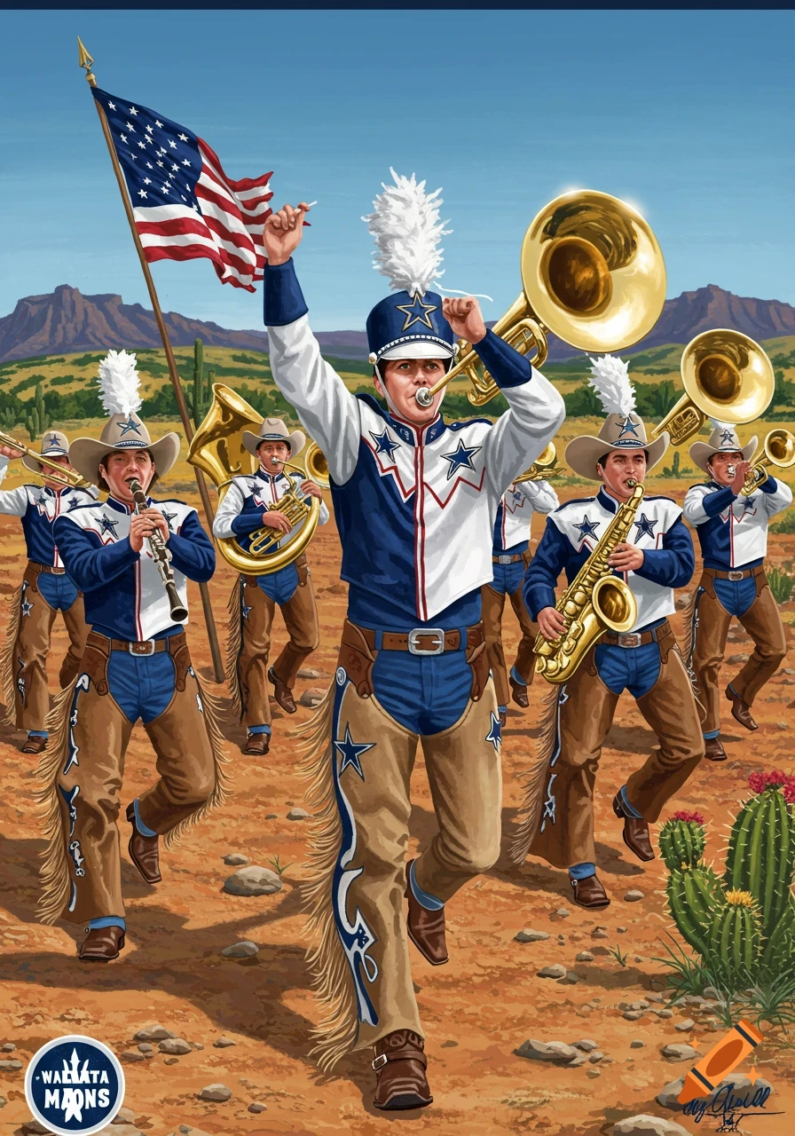 A marching band of cowboys playing instruments in a desert landscape ...