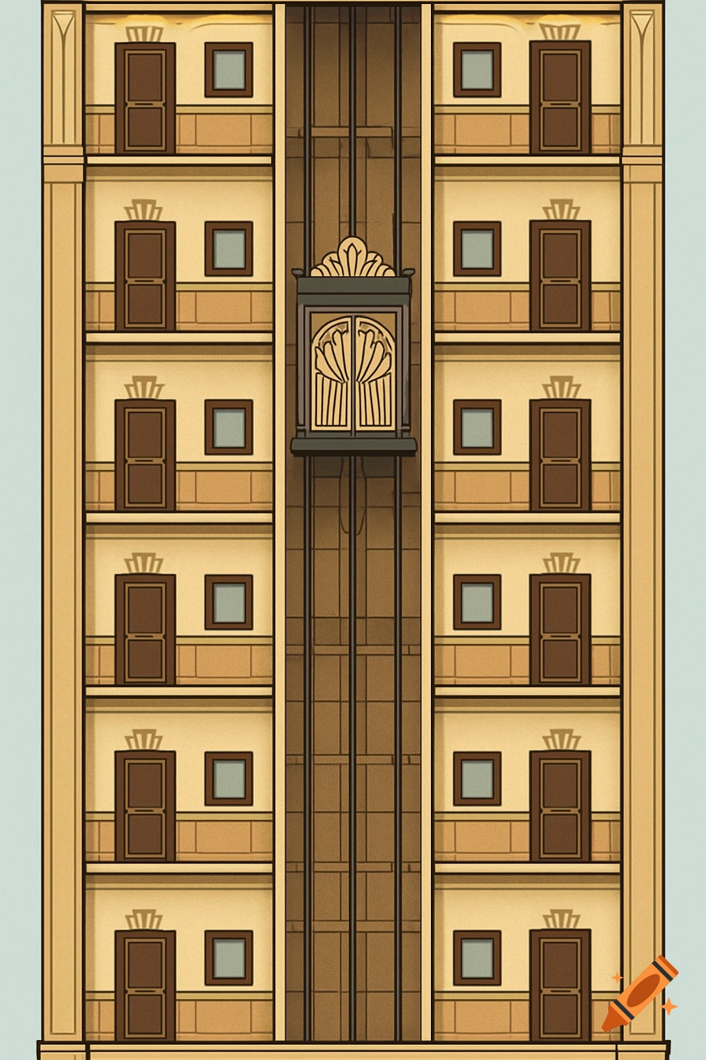 A vertical cross-section of an Art Deco apartment building with an ...