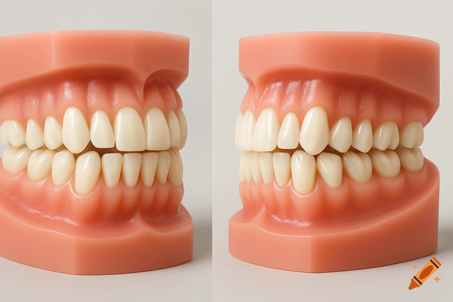 Two views of a dental model showing human teeth. on Craiyon