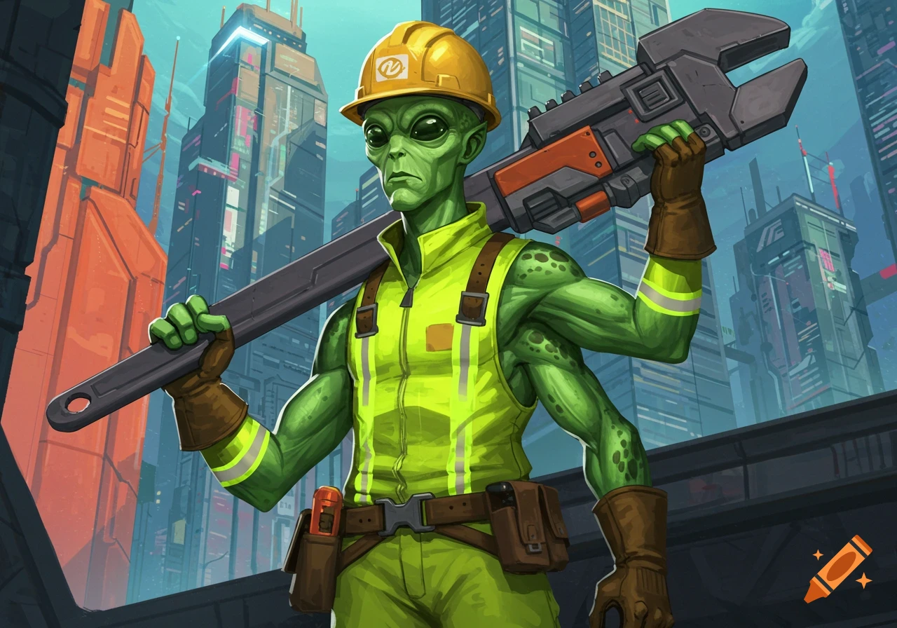 An illustration of a four-armed green alien wearing a yellow hard hat ...