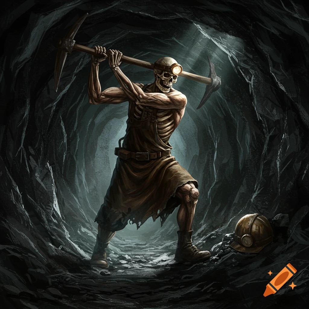 A muscular skeleton swings a pickaxe inside a dark mine. on Craiyon