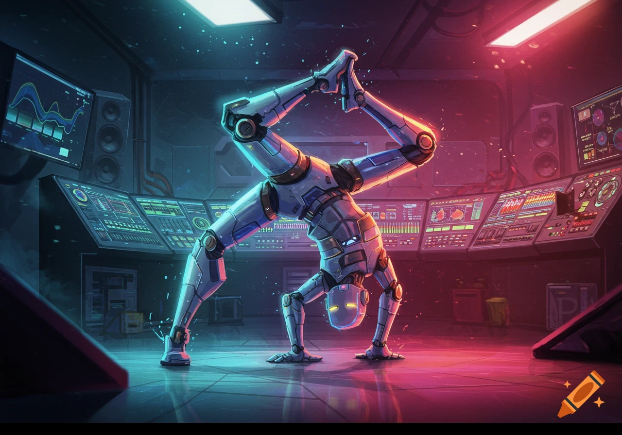 A robot breakdancing in a sci-fi control room with screens, lit by blue ...