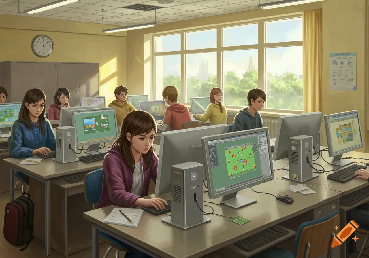 A drawing of students sitting at desks using computers in a bright ...