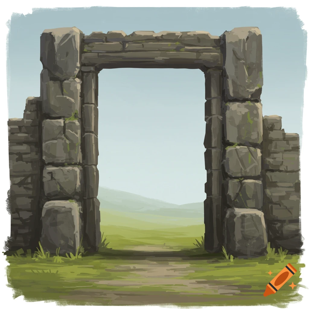 An illustration of a stone gate entrance in a grassy landscape with ...