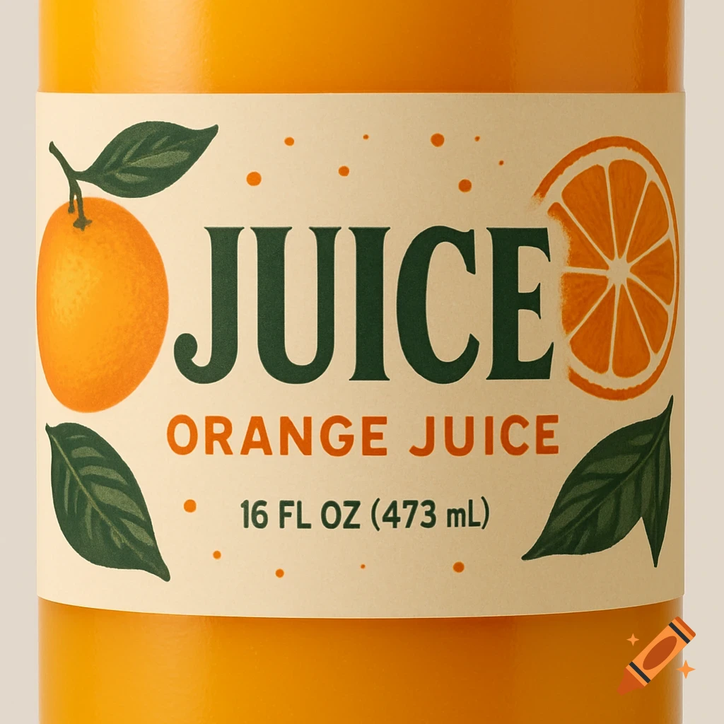 Close-up of an orange juice bottle label with illustrations of oranges ...