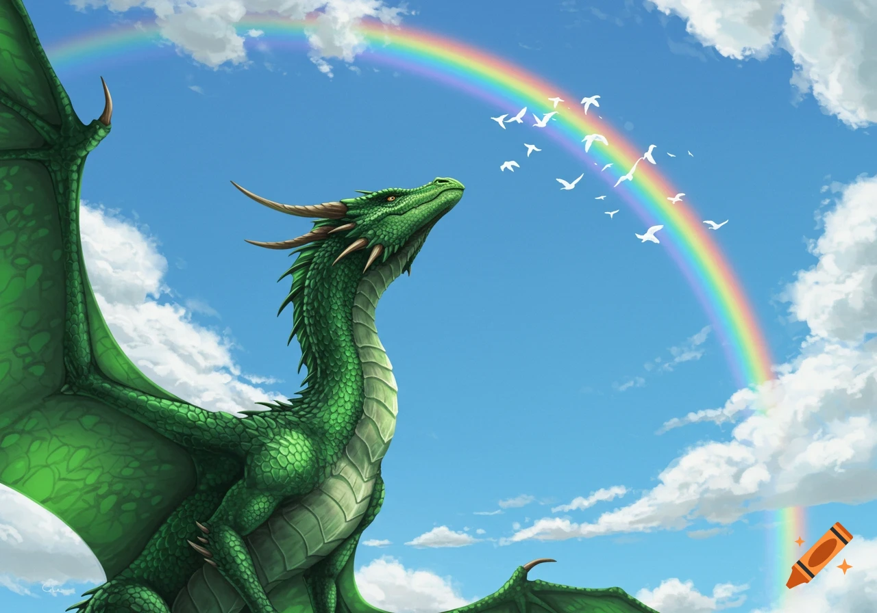 Green dragon looking up at a rainbow with birds flying in a blue sky on ...