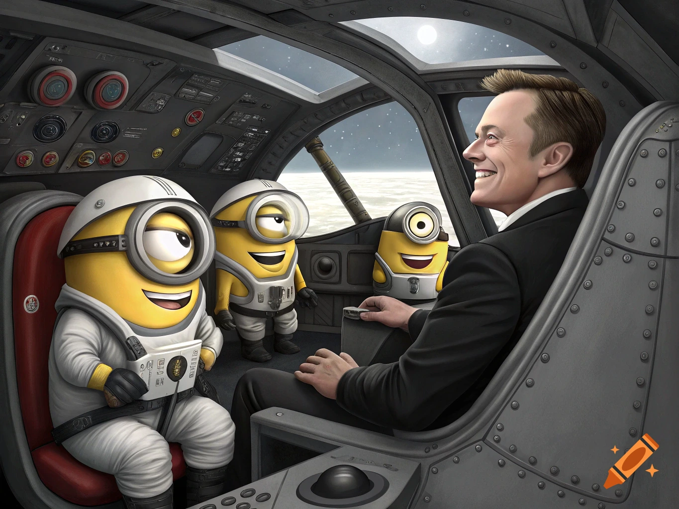 Minions and Elon Musk in a rocket ship cockpit looking happy on Craiyon