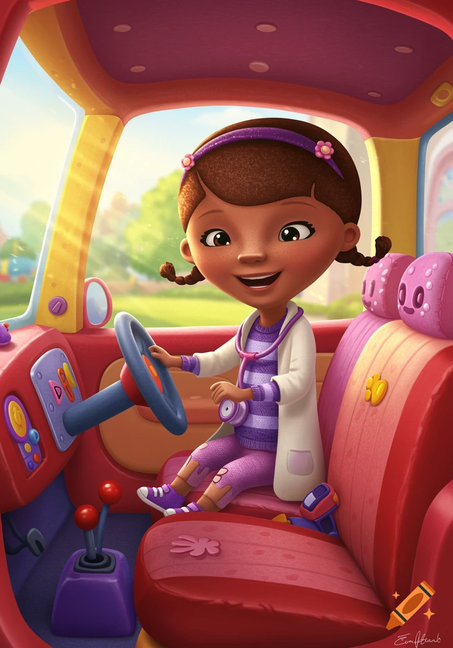 Doc McStuffins cartoon character sits in a car holding the steering ...