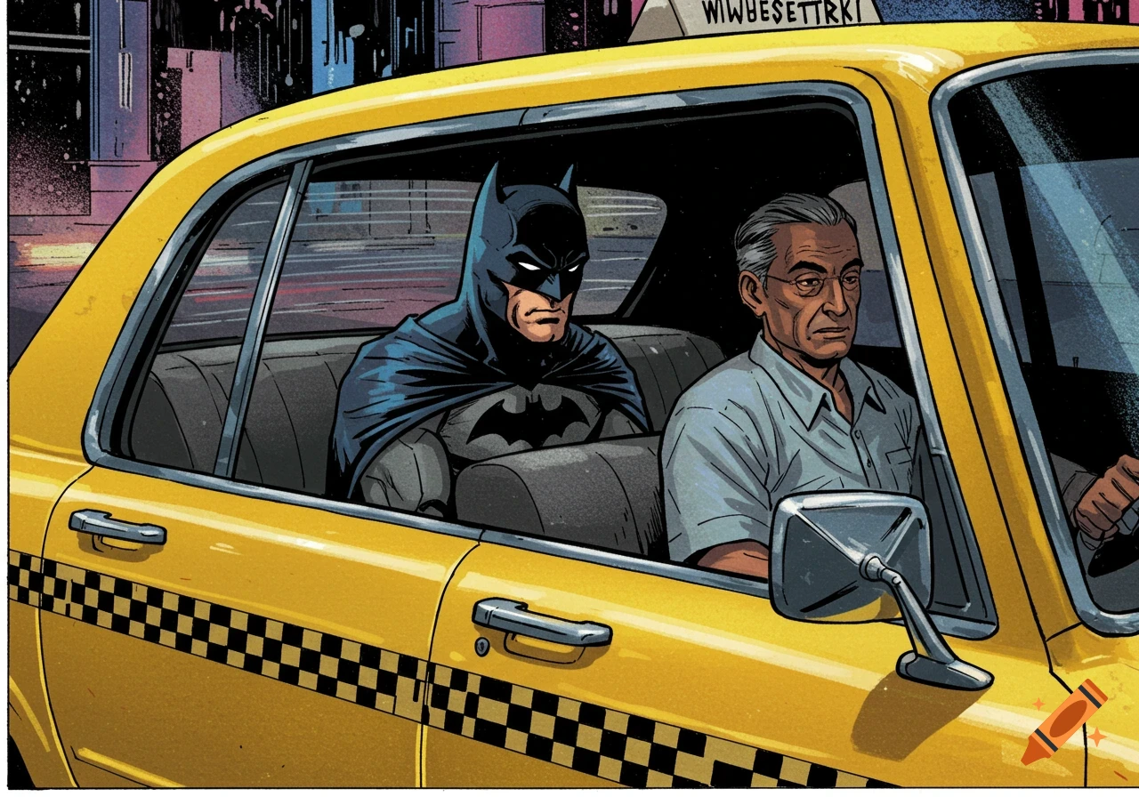 Batman rides in the back of a yellow taxi cab in a comic book style ...