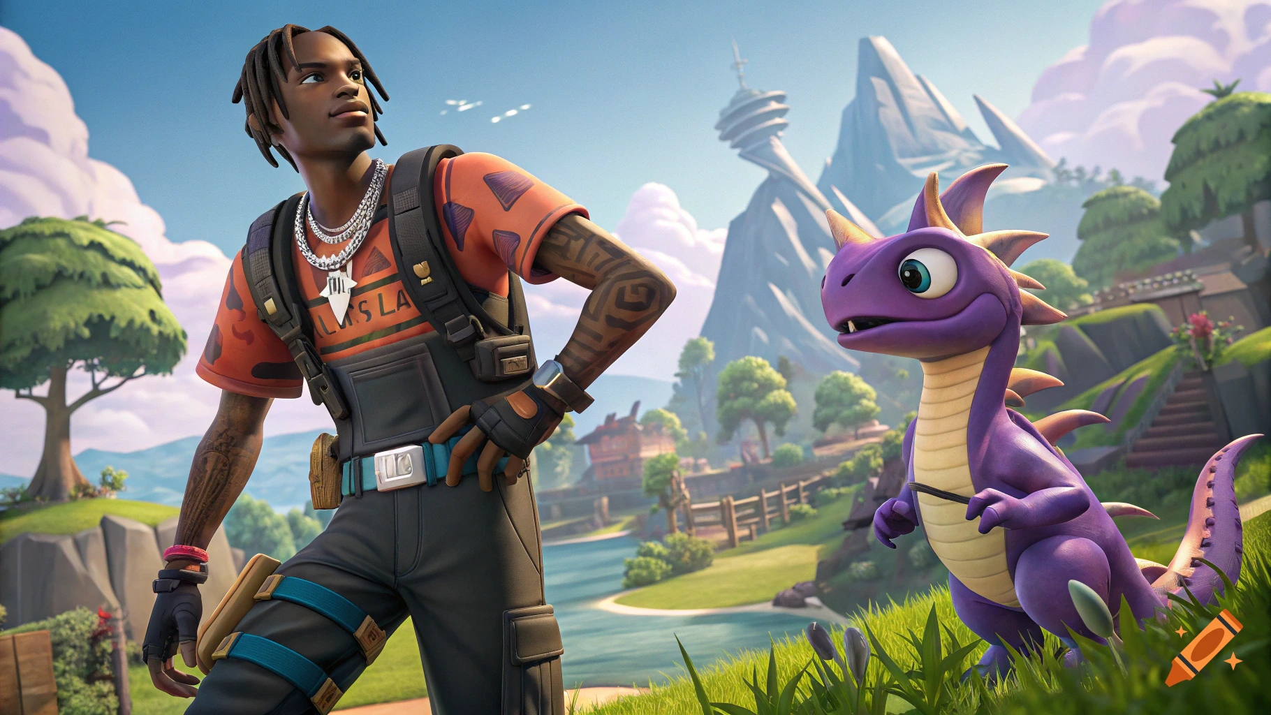 Stylized man and purple dragon in a bright landscape resembling ...