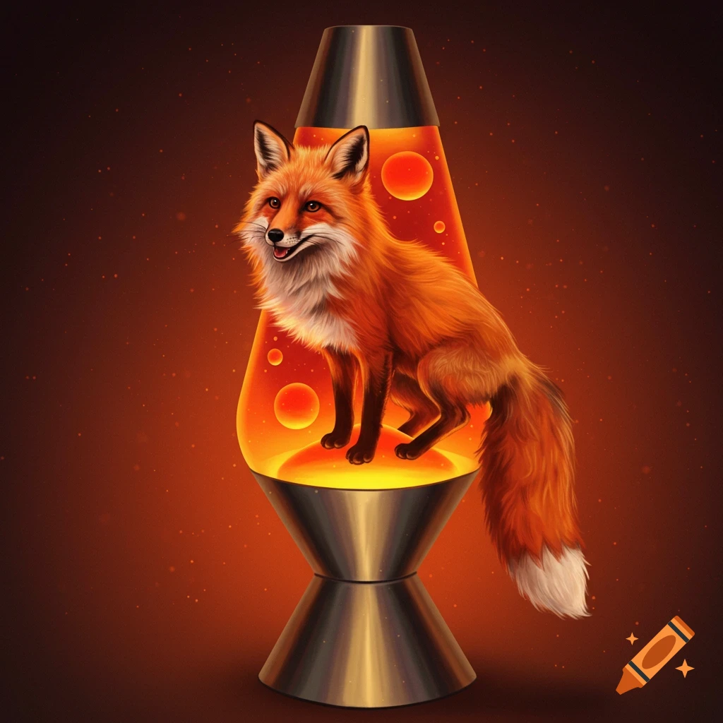 A red fox stands atop a glowing orange lava lamp in a digital ...