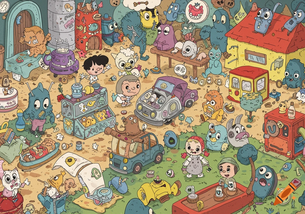 A crowded, whimsical cartoon illustration featuring various monsters ...