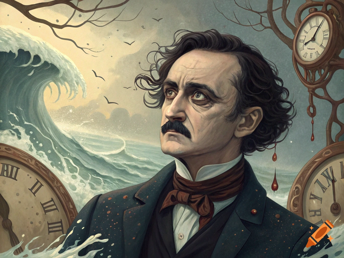 Surreal portrait of a man resembling Edgar Allan Poe with a large wave ...