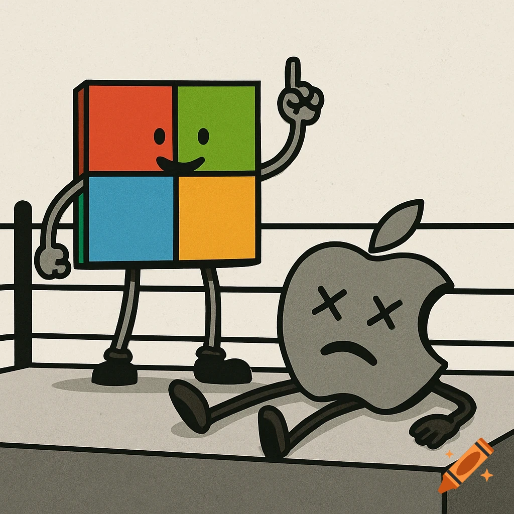 Cartoon Microsoft logo character stands over defeated Apple logo ...