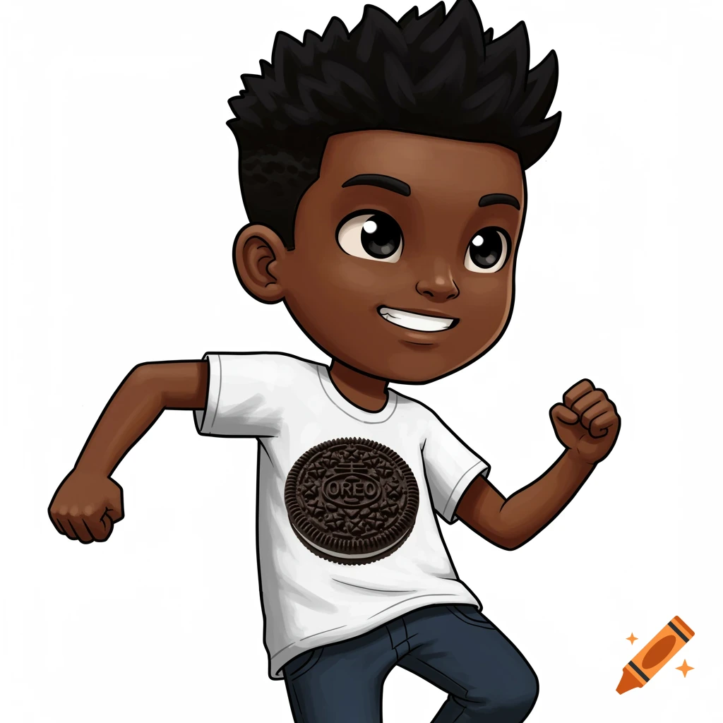 Cartoon boy in motion wearing a white t-shirt with an Oreo cookie on it against a white ...