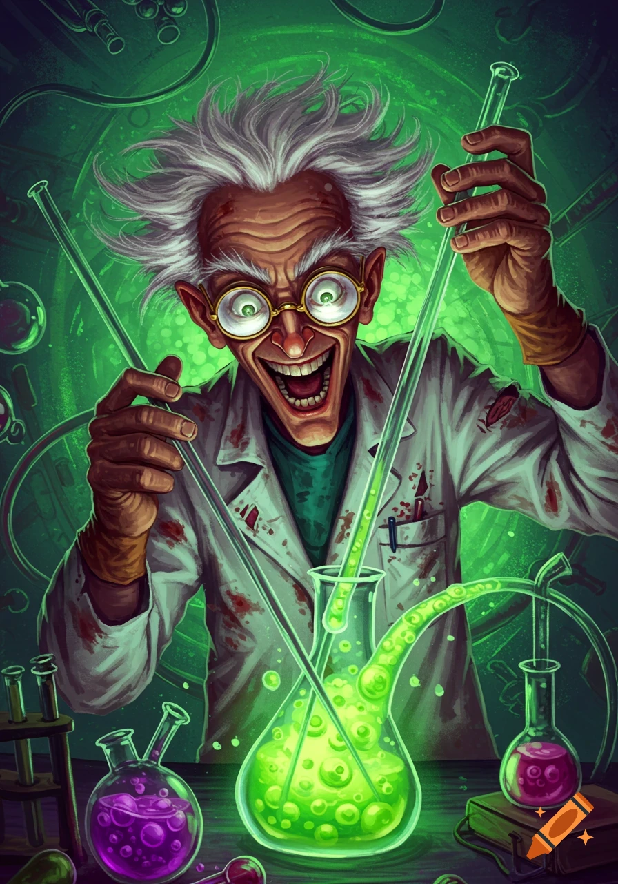 Cartoon illustration of a mad scientist with wild hair mixing green liquid in a lab on Craiyon