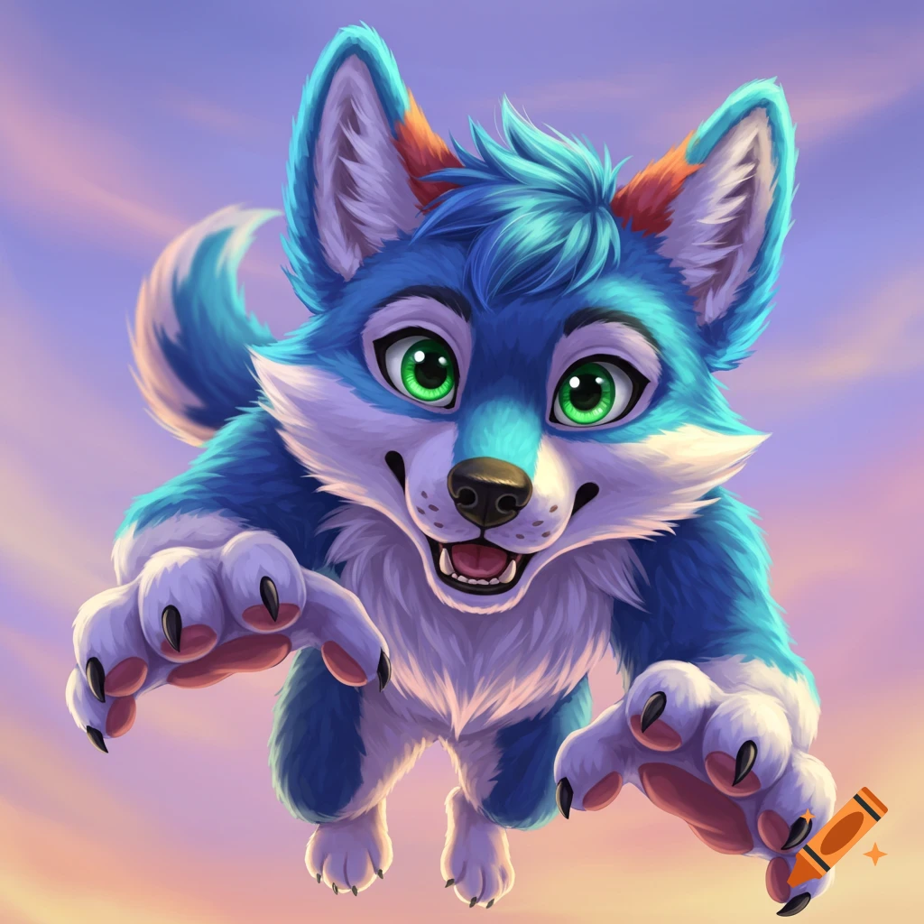 A blue and white cartoon furry creature with green eyes flying through ...