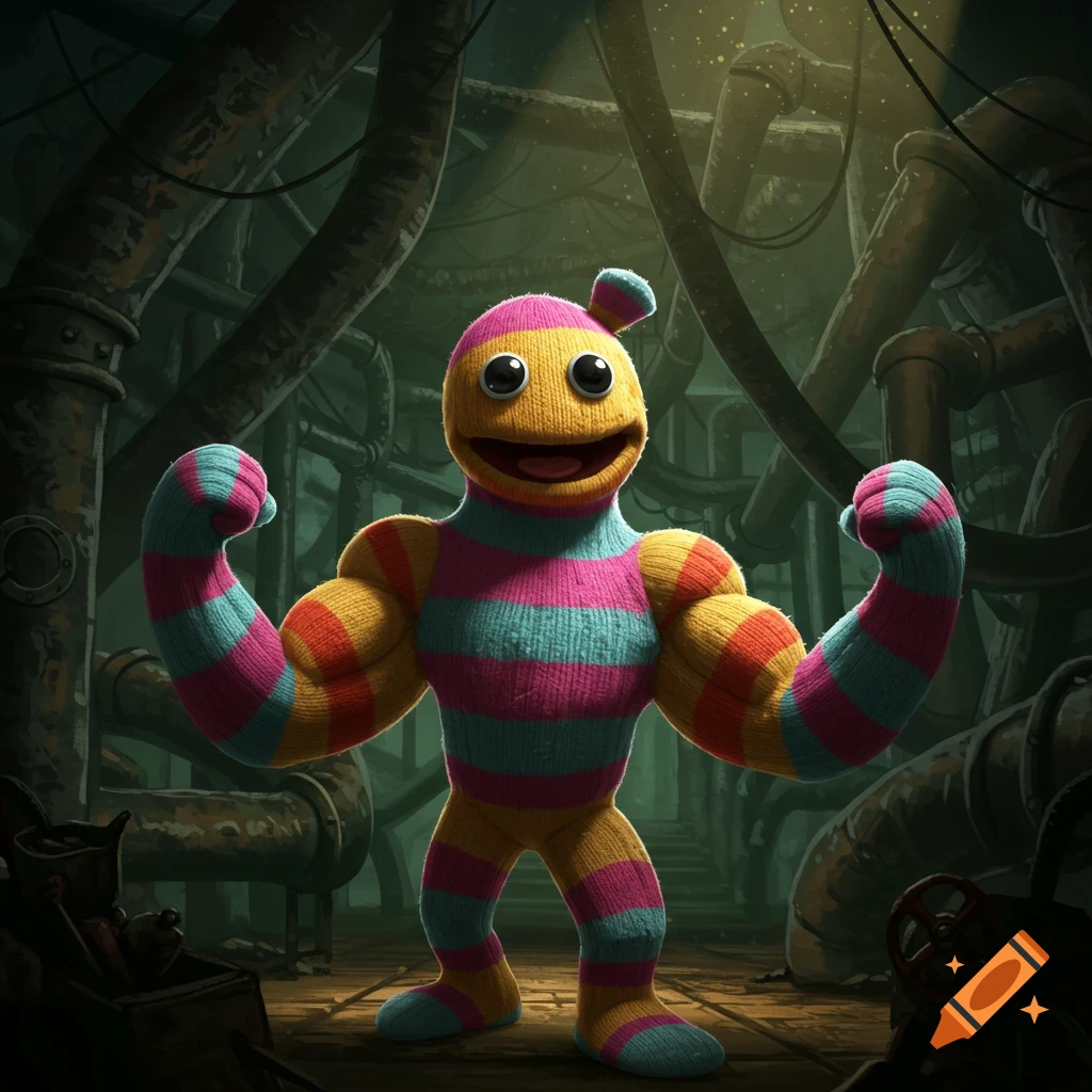 A colorful striped sock puppet with buff arms flexes in a dark, pipe ...