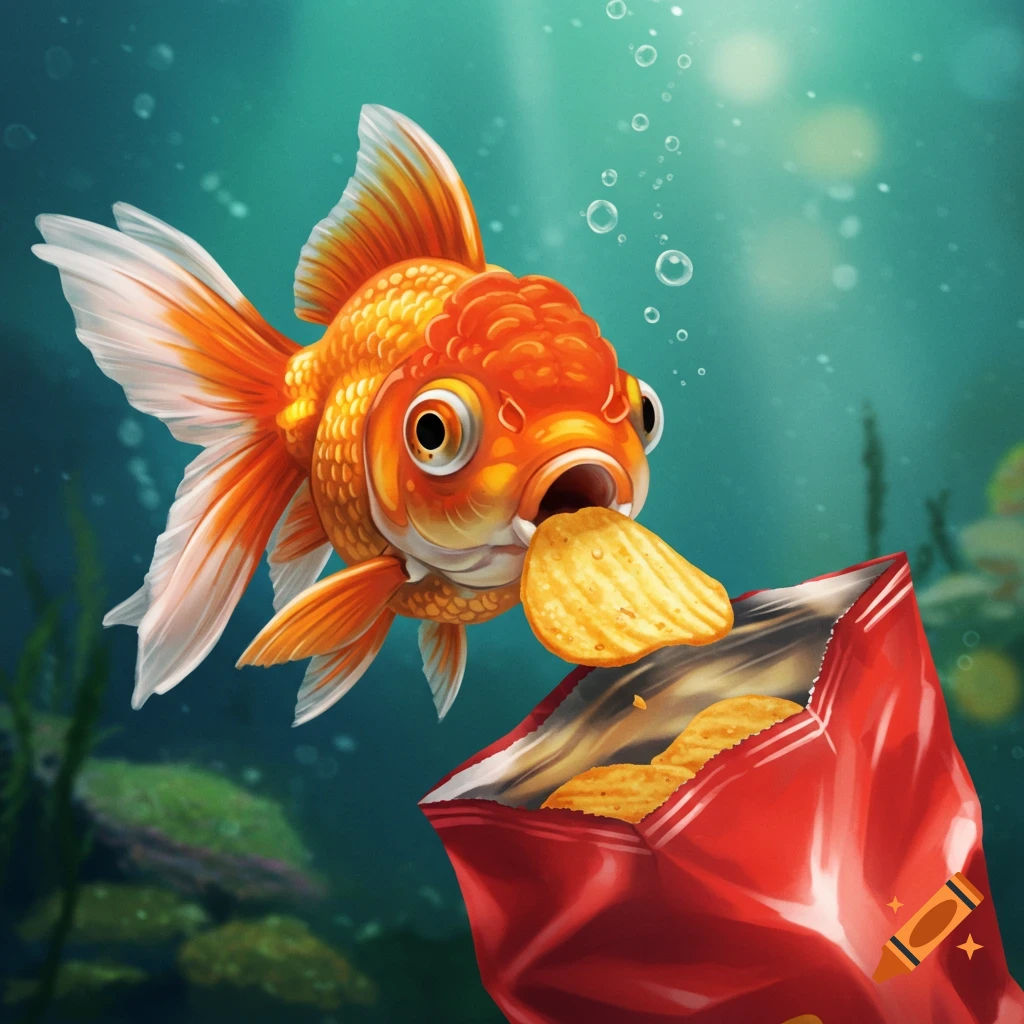 Illustration of a cartoon goldfish eating a potato chip from a bag underwater on Craiyon