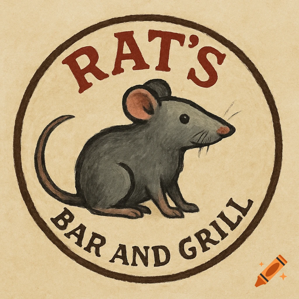 Circular logo for Rat's Bar and Grill featuring a gray rat. on Craiyon