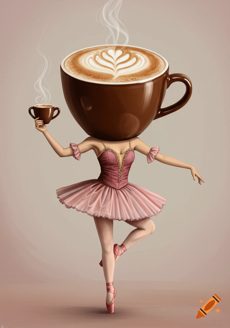 Surreal illustration of a ballerina with a coffee cup head holding a ...