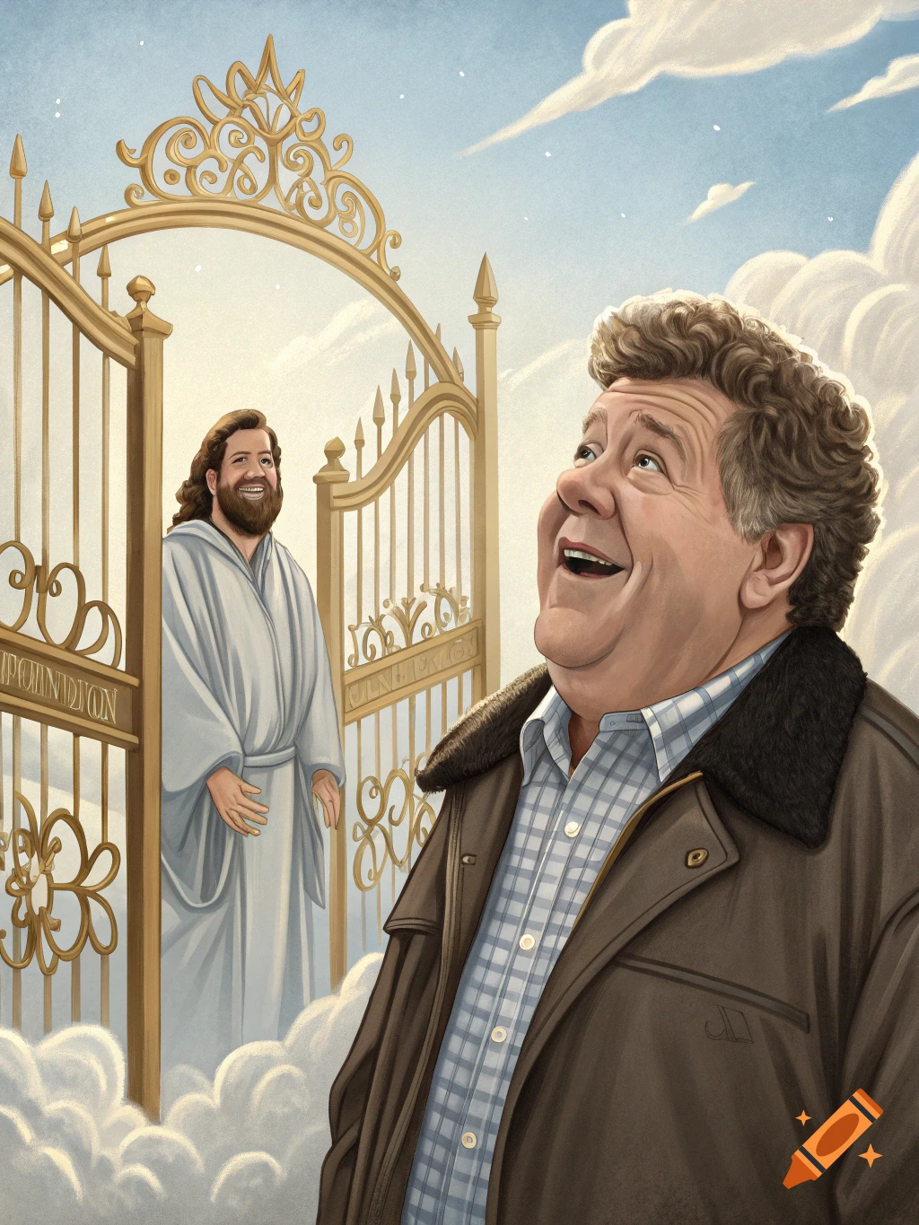 George Wendt looks up in amazement at Jesus standing behind golden ...