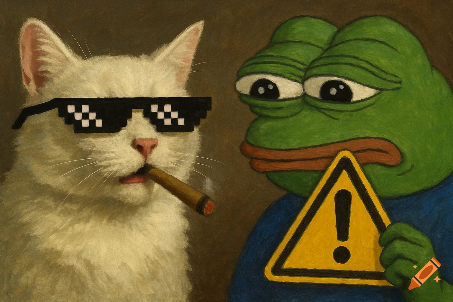 Painting of a white cat with pixelated sunglasses smoking a cigar next ...