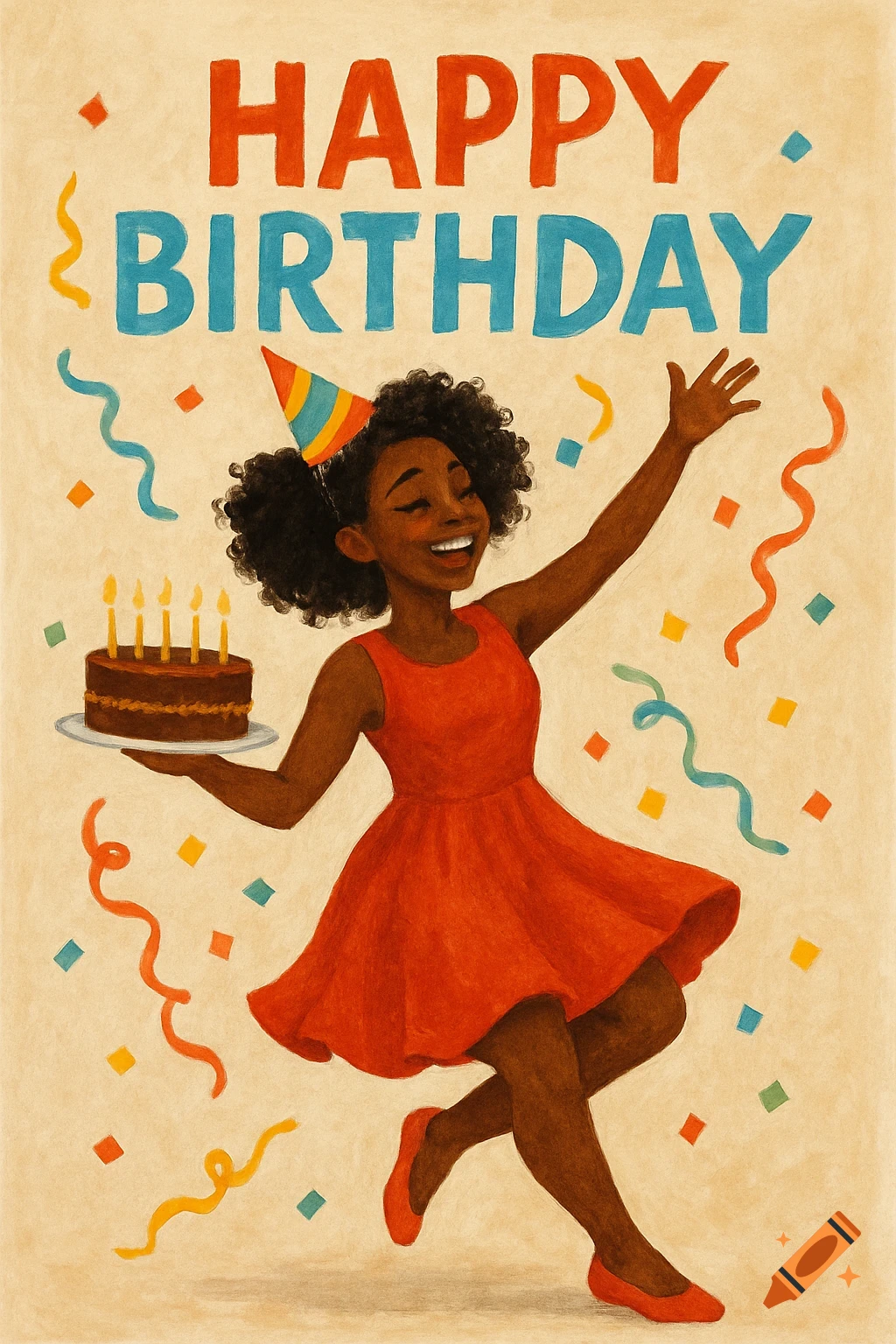 Illustration of a woman dancing with a birthday cake and text reading ...