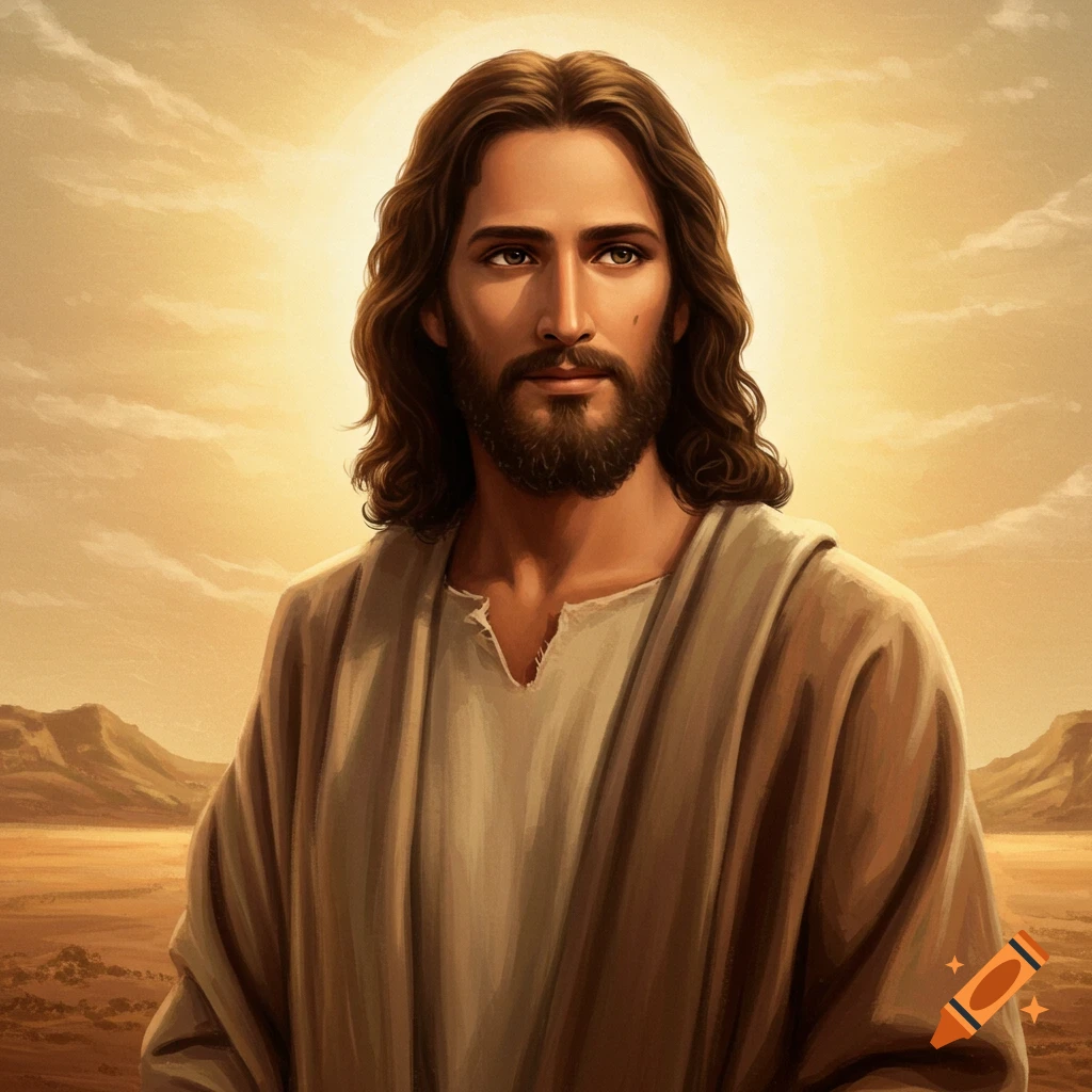 Digital painting of Jesus Christ in a robe with a halo in a desert ...