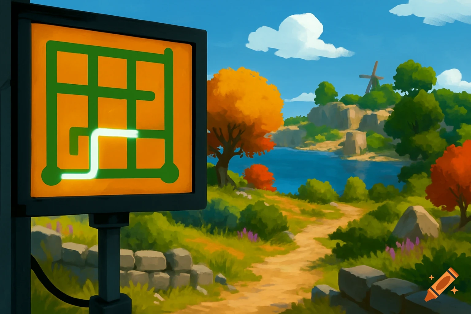 Screenshot from the game The Witness showing a puzzle screen and a ...