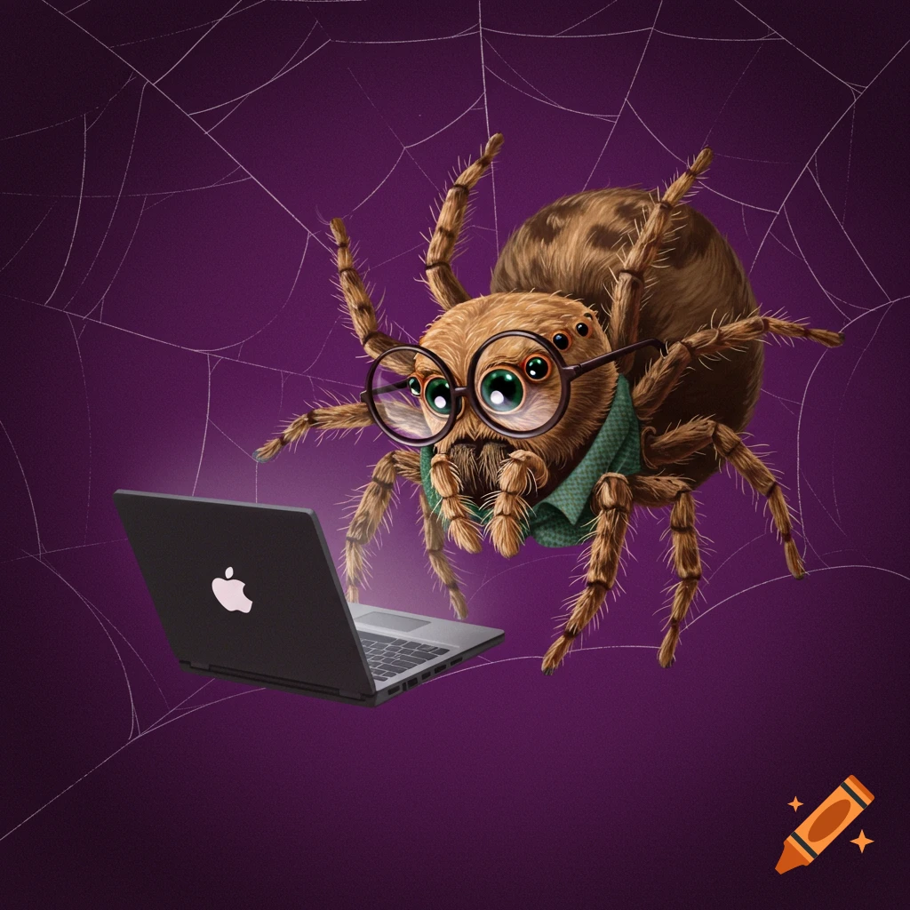 A cartoonish spider with glasses and a shirt sits in a web using a ...