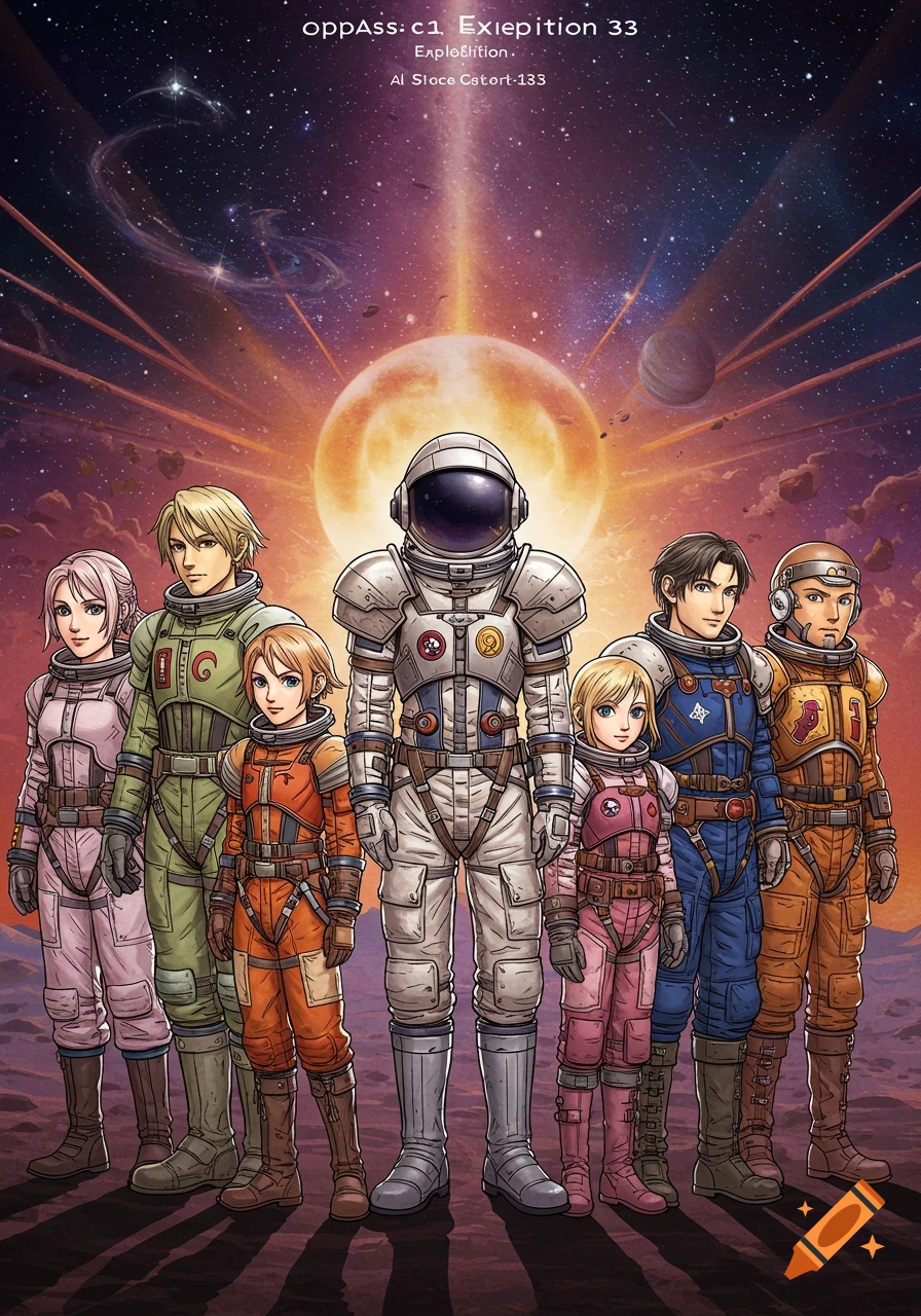 Anime style group of seven people in colorful space suits standing on ...
