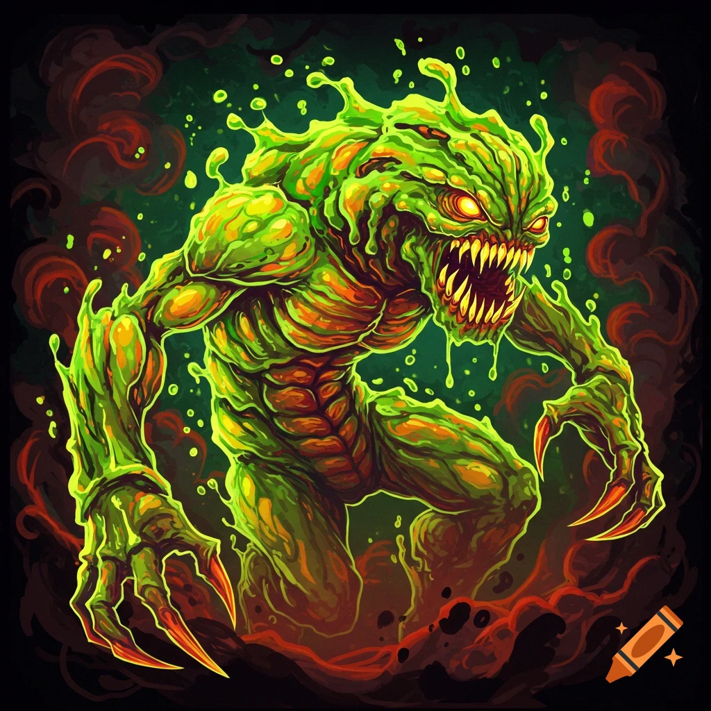 A vibrant green, acid-dripping monster with sharp teeth and claws ...