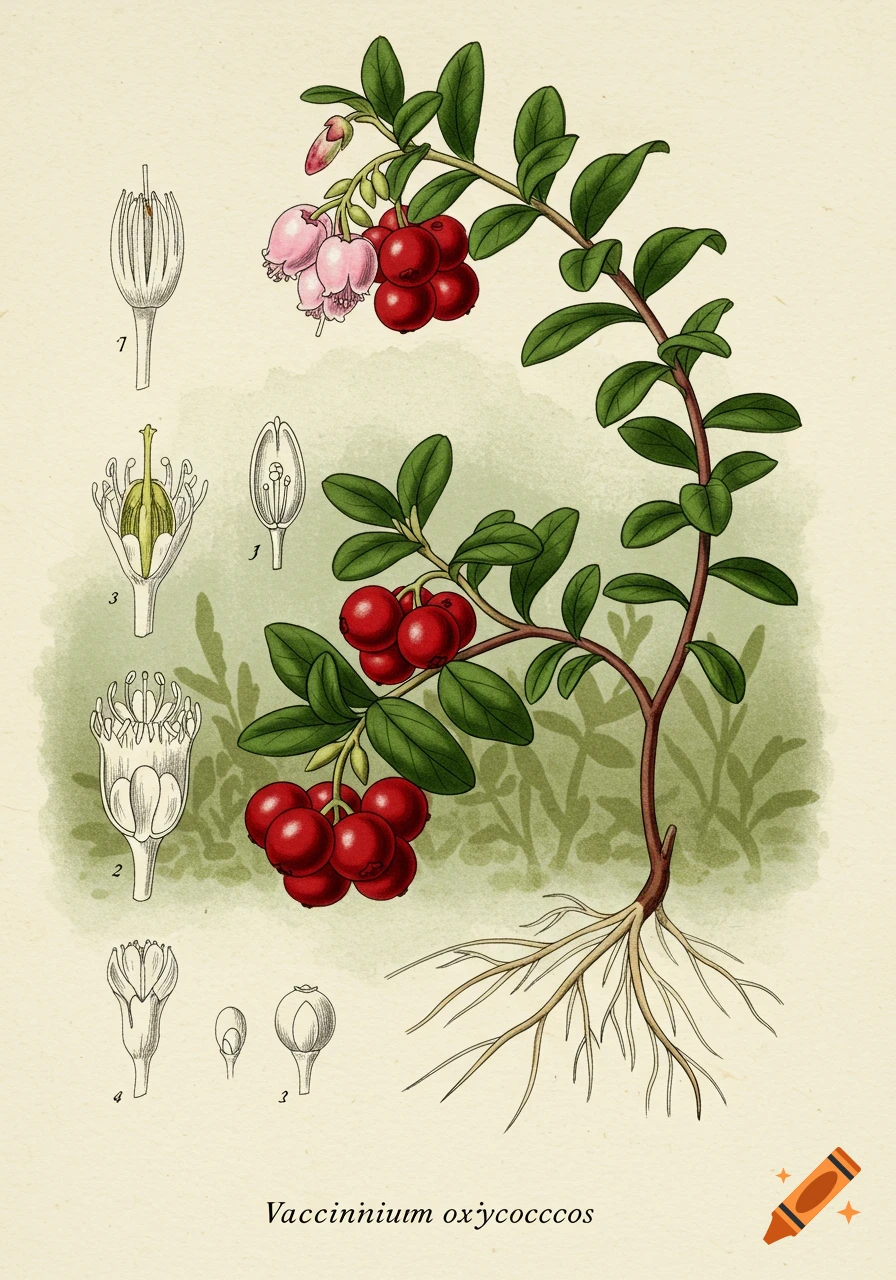 Botanical illustration of a cranberry plant with flowers, berries ...