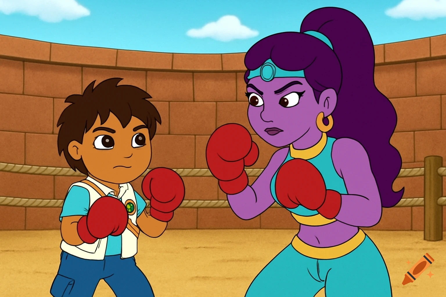 An animated cartoon of a boy and a purple-skinned woman wearing boxing ...