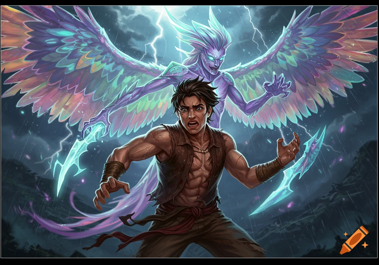 Man attacked by a purple winged creature in a storm, digital art. on ...