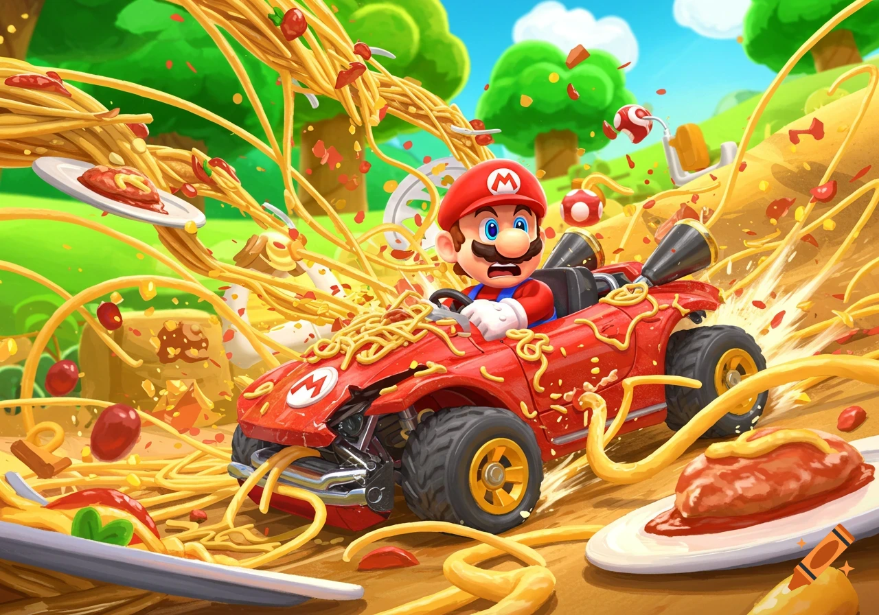 Mario in a car crash covered in spaghetti on Craiyon