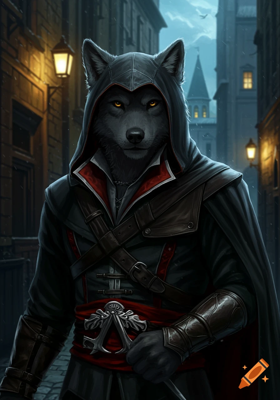 Anthro wolf in an Assassin's Creed uniform stands in a dark alley. on ...