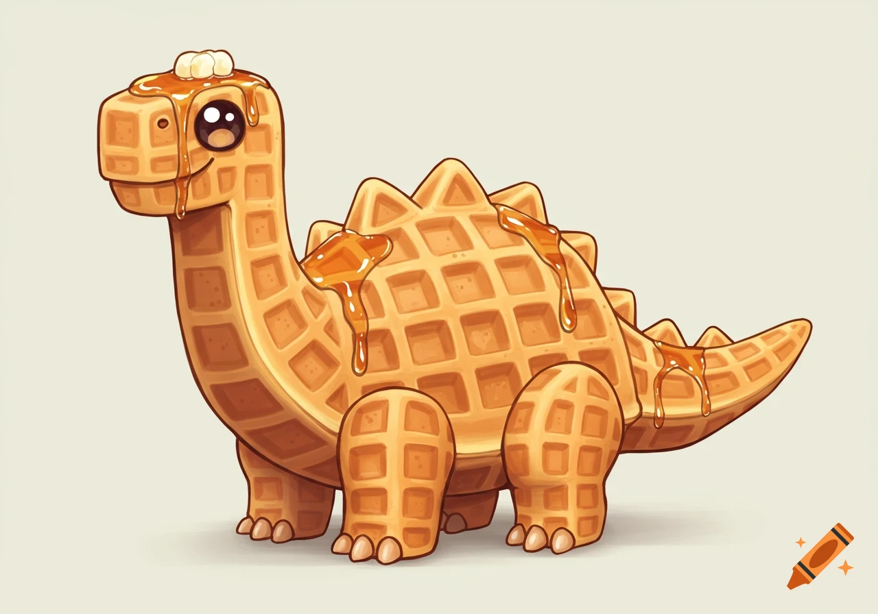 A cute cartoon dinosaur made of waffles is covered in syrup and butter ...