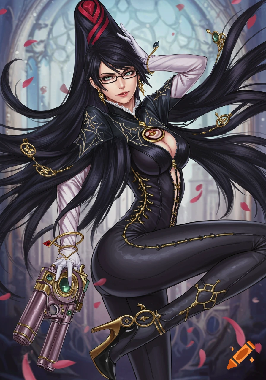 Bayonetta in a black suit poses with a gun, hair flowing, against a ...